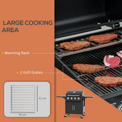 Outsunny 4 Burner Gas Grill Portable BBQ Trolley w/ 4 Wheels and Side ...