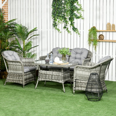 Outsunny 4 PCS Rattan Garden Furniture Padded Cushions Conversation Sofa Set