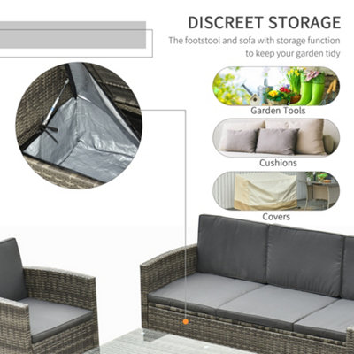 Outsunny 5 PCs Rattan Cushion 3-Seater Single Sofa Stool Glass Coffee Table