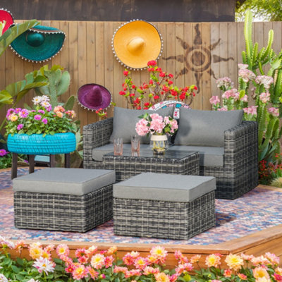 Outsunny 5 Pcs Rattan Garden Furniture Set Single Sofa Stool Coffee ...