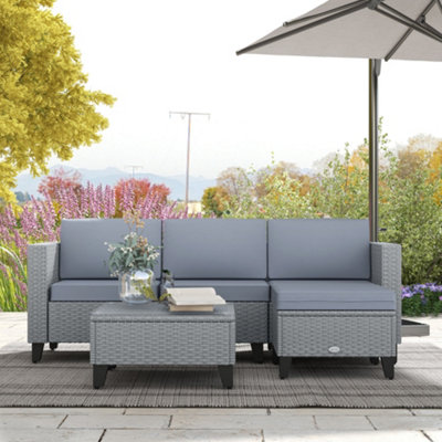 Outsunny 5 PCs Rattan Garden Furniture Set with Glass Coffee Table, Grey
