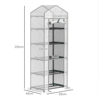 OUTSUNNY 5 TIER MINI GREENHOUSE GROW HOUSE W/ ROLL UP DOOR, WHITE/GREY