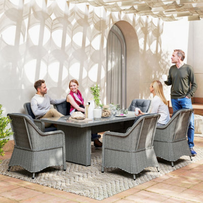 Outsunny 6 Seater Rattan Dining Set with Glass Top Table and Cushions, Grey