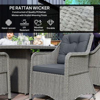 Outsunny 6 Seater Rattan Dining Set with Glass Top Table and Cushions, Grey