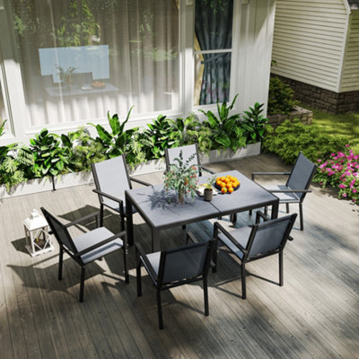Outsunny 7 PCs Garden Dining Set, Wood-plastic Composite Table & 6 ...
