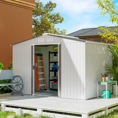 Outsunny 9 x 6FT Galvanised Garden Storage Shed with Sliding Door, Silver
