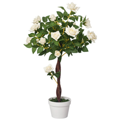 Outsunny 90cm Artificial Rose Tree, Fake Decorative Plant, White