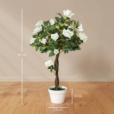 Outsunny 90cm Artificial Rose Tree, Fake Decorative Plant, White
