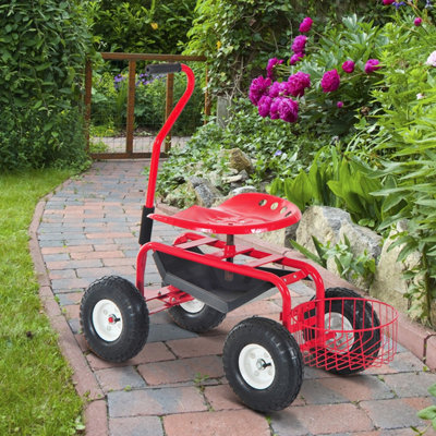 Outsunny Adjustable Rolling Garden Cart Gardening Tool Trolley Swivel ...