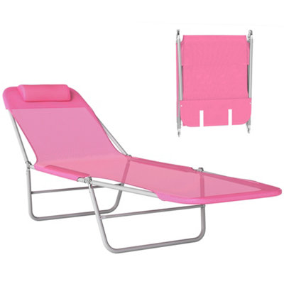 Outsunny Adjustable Sun Bed Garden Lounger Recliner Relaxing Camping Pink