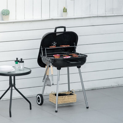 Outsunny BBQ Charcoal Smoker Grill Trolley with 2 Wheels and Grilling ...
