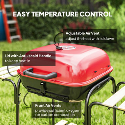 Outsunny Charcoal Barbecue Grill Portable BBQ with Lockable Lid, Vent, Red