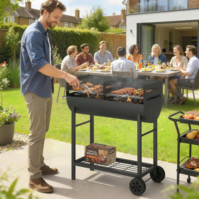 Outsunny Charcoal Barbecue Grill with 2 Cooking Areas, Wheels
