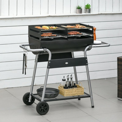Outsunny Charcoal BBQ Grill with Double Grill, Table, Storage Shelf and ...