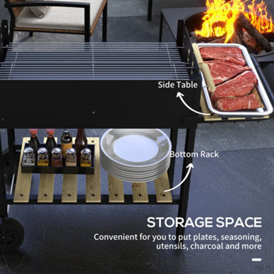 Outsunny Charcoal BBQ Grill with Side Table, Storage Shelf and Wheels
