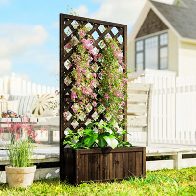 Outsunny Flower Stand Plant Shelf Outdoor Pine w/ Trough Planter ...