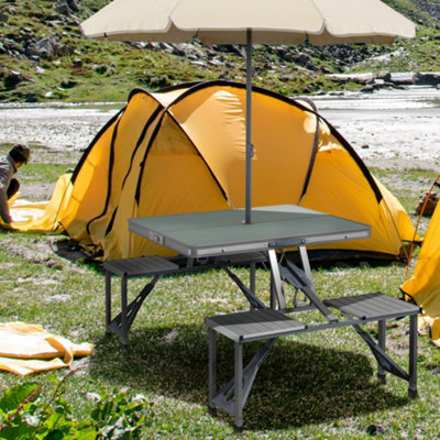 Outsunny Folding Camping Picnic Table with 4 Seats and Umbrella Hole, Grey