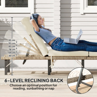 Outsunny Folding Rattan Sun Lounger with Adjustable Back, Cushion, Natural