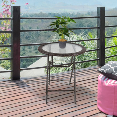 Outsunny Folding Round Tempered Glass Metal Table with Brown Rattan ...