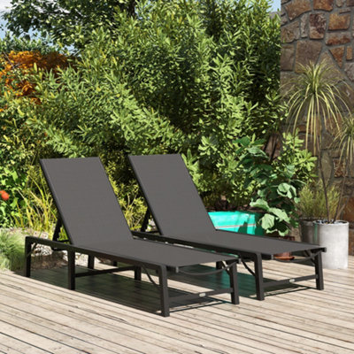 Outsunny Folding Sun Lounger Set of 2, 5-Position Reclining Sun Bed, Black