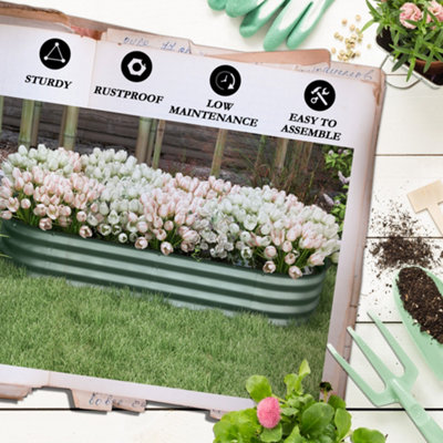 Outsunny Galvanised Raised Garden Bed Planter Box with Safety Edging, Green