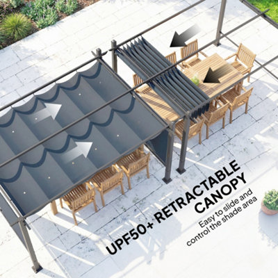 OUTSUNNY GARDEN PERGOLA WITH RETRACTABLE ROOF CANOPY, DARK GREY