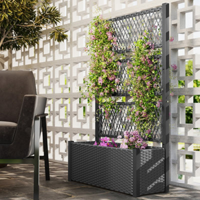 Outsunny Garden Planter Box with Trellis, Rattan Raised Bed, Charcoal Grey