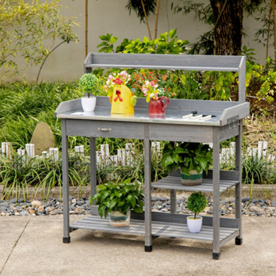 Outsunny Garden Potting Table Workstation w/ Metal Tabletop, Drawer ...