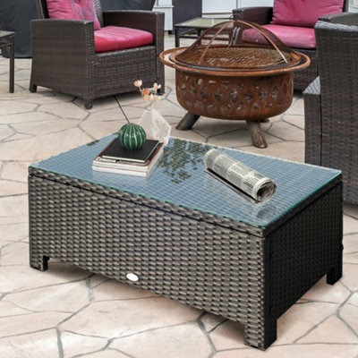 Outsunny Garden Rattan Side Table Wicker Coffee Desk Glass Top Black