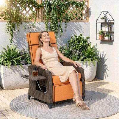 Outsunny Garden Recliner with Cushion, Rattan Recliner Chair with Armrests