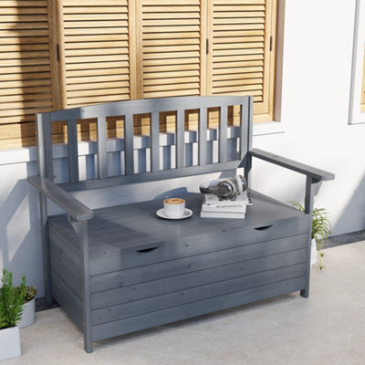 Outsunny Garden Storage Bench, 2 Seater Fir Wood Outdoor Bench, Dark Grey