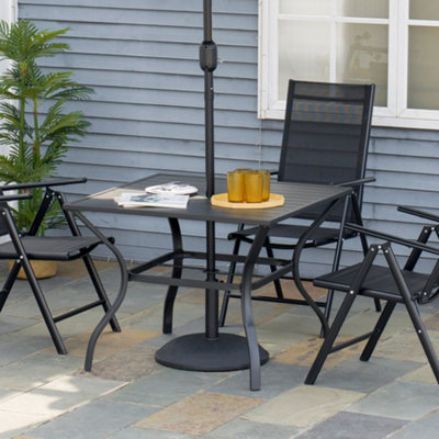 Outsunny Garden Table with Parasol Hole for Four Slatted Metal Plate Top Black