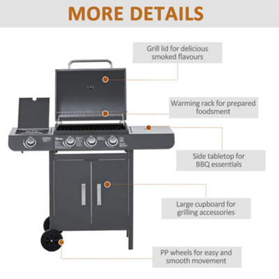 Outsunny Gas Barbecue Grill 3+1 Burner Garden BBQ w/ Large Cooking Area