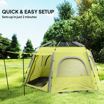 Outsunny Instant Camping Tent, 4 Person Easy Setup Dome Tent, Yellow Green