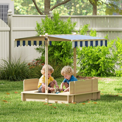 Outsunny Kids Square Wooden Sandpit Children Cabana Sandbox Outdoor Playset Blue