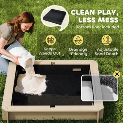Outsunny Kids Square Wooden Sandpit, Children Sandbox Outdoor Playset