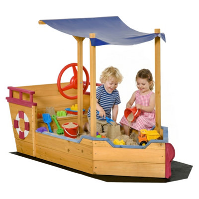 Outsunny Kids Wooden Sand Pit Sandbox Pirate Sandboat Outdoor w/ Canopy ...