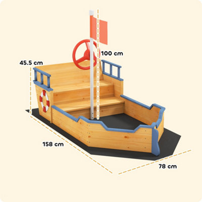 Outsunny Kids Wooden Sandbox Pirate Ship Sandboat w/ Bench Seat Storage ...