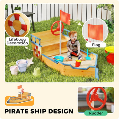 Outsunny Kids Wooden Sandbox Pirate Ship Sandboat w/ Bench Seat Storage ...