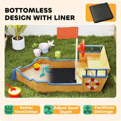 Outsunny Kids Wooden Sandbox Pirate Ship Sandboat w/ Bench Seat Storage ...