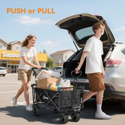 Outsunny Outdoor Push Pull Wagon Stroller Cart w/ Canopy Top Black