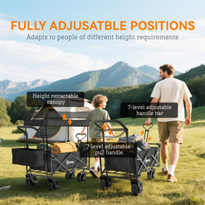 Outsunny Outdoor Push Pull Wagon Stroller Cart w/ Canopy Top Black