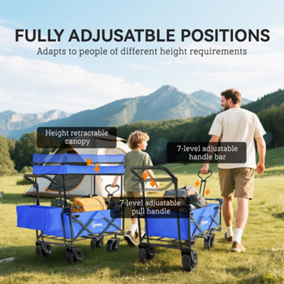 Outsunny Outdoor Push Pull Wagon Stroller Cart w/ Canopy Top Blue