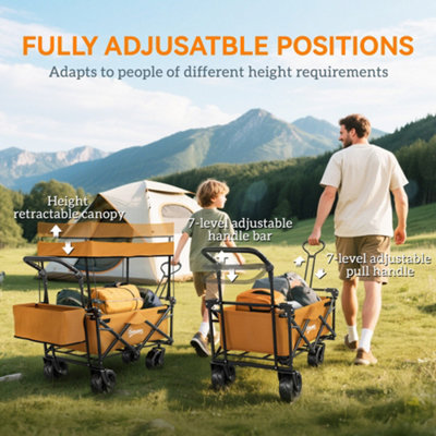 Outsunny Outdoor Push Pull Wagon Stroller Cart w/ Canopy Top Orange