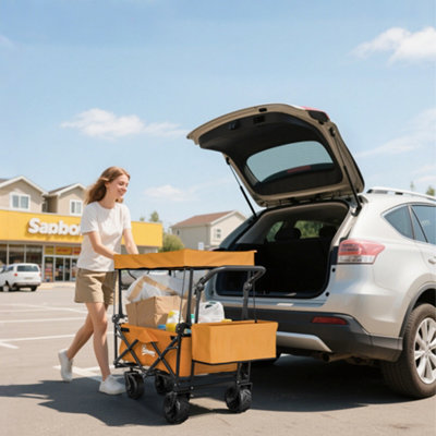 Outsunny Outdoor Push Pull Wagon Stroller Cart w/ Canopy Top Orange