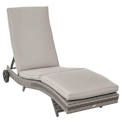 Outsunny Outdoor Rattan Sun Lounger with Reclining Back, Wheels, Grey