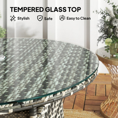 Outsunny Patio Furniture Rattan Garden Table with Umbrella Hole, Grey