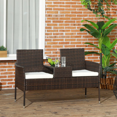 Outsunny Rattan Garden Bench w/ Glass Tea Table, Wicker Chair w ...