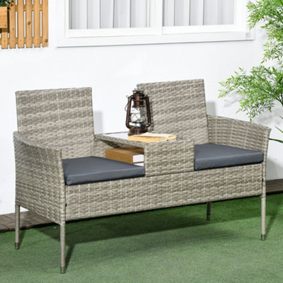 Outsunny Rattan Garden Bench w/ Glass Tea Table, Wicker Chair w ...