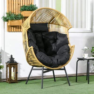 Outsunny Rattan Leisure Chair w Cushion Garden Egg Chair with Headrest Sand
